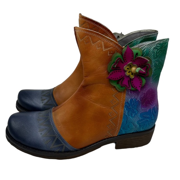 Socofy | Shoes | Socofy Boho Cowgirl Embossed Leather Flower Zip Ankle ...